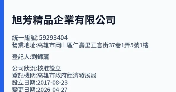 旭芳精品企業有限公司的照片-統編 59293404(高雄市) 公司登記資料與營業項目詳細圖表