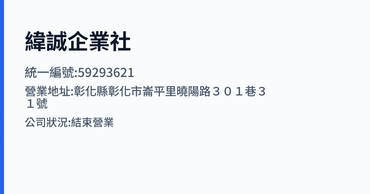 緯誠企業社 - 統編 59293621(彰化縣) 公司登記資料與營業項目詳細圖表
