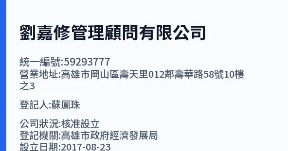 劉嘉修管理顧問有限公司的照片-統編 59293777(高雄市) 公司登記資料與營業項目詳細圖表