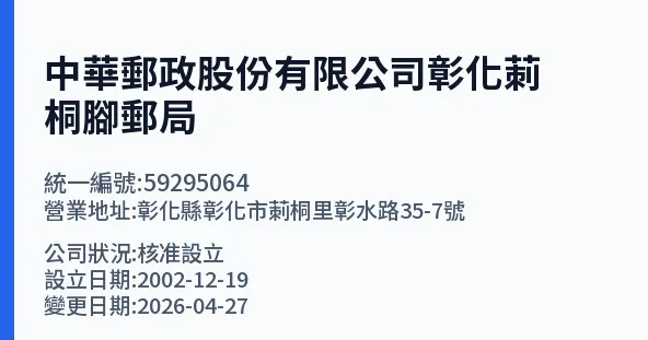 中華郵政股份有限公司彰化莿桐腳郵局的照片-統編 59295064(彰化縣) 公司登記資料與營業項目詳細圖表