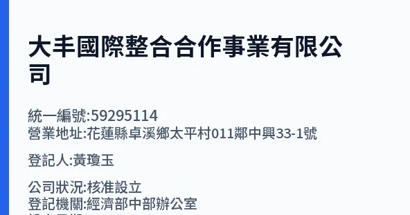 大丰國際整合合作事業有限公司的照片-統編 59295114(花蓮縣) 公司登記資料與營業項目詳細圖表