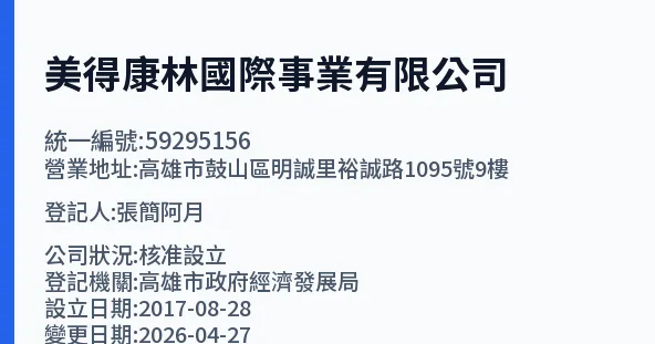 美得康林國際事業有限公司的照片-統編 59295156(高雄市) 公司登記資料與營業項目詳細圖表