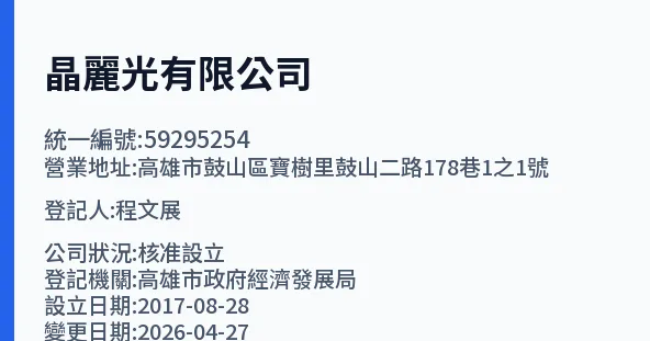 晶麗光有限公司的照片-統編 59295254(高雄市) 公司登記資料與營業項目詳細圖表