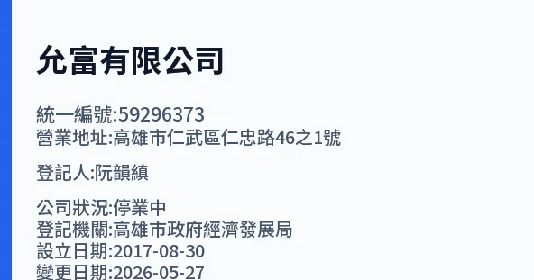 允富有限公司的照片-統編 59296373(高雄市) 公司登記資料與營業項目詳細圖表