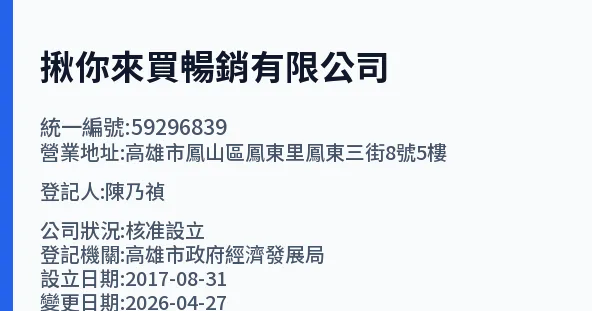 揪你來買暢銷有限公司的照片-統編 59296839(高雄市) 公司登記資料與營業項目詳細圖表