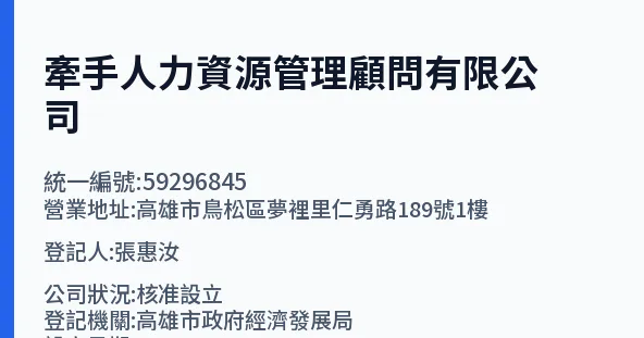 牽手人力資源管理顧問有限公司的照片-統編 59296845(高雄市) 公司登記資料與營業項目詳細圖表