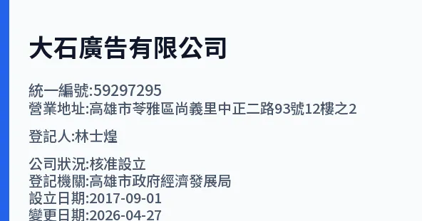 大石廣告有限公司的照片-統編 59297295(高雄市) 公司登記資料與營業項目詳細圖表