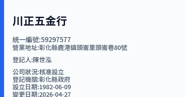 川正五金行的照片-統編 59297577(彰化縣) 公司登記資料與營業項目詳細圖表