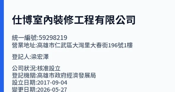 仕博室內裝修工程有限公司的照片-統編 59298219(高雄市) 公司登記資料與營業項目詳細圖表