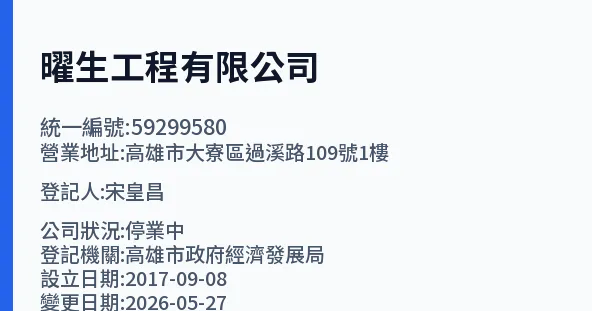 曜生工程有限公司的照片-統編 59299580(高雄市) 公司登記資料與營業項目詳細圖表