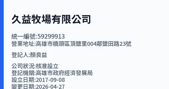 久益牧場有限公司的照片-統編 59299913(高雄市) 公司登記資料與營業項目詳細圖表
