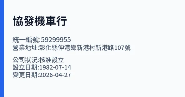 協發機車行的照片-統編 59299955(彰化縣) 公司登記資料與營業項目詳細圖表