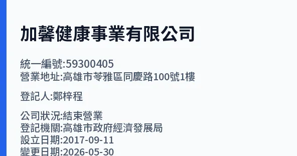 加馨健康事業有限公司的照片-統編 59300405(高雄市) 公司登記資料與營業項目詳細圖表