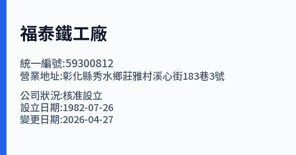 福泰鐵工廠的照片-統編 59300812(彰化縣) 公司登記資料與營業項目詳細圖表