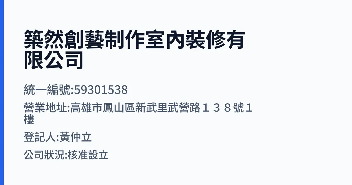 築然創藝制作室內裝修有限公司 - 統編 59301538(高雄市) 公司登記資料與營業項目詳細圖表