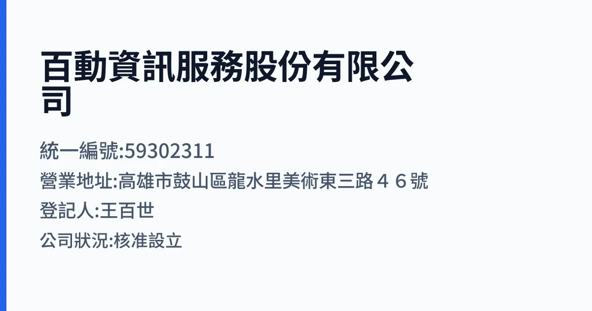 百動資訊服務股份有限公司 - 統編 59302311(高雄市) 公司登記資料與營業項目詳細圖表
