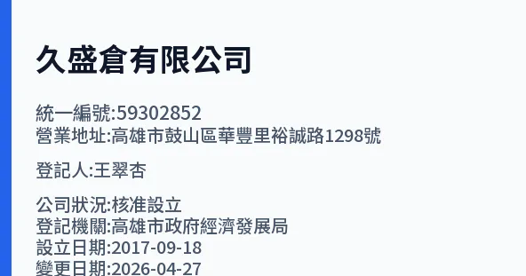 久盛倉有限公司的照片-統編 59302852(高雄市) 公司登記資料與營業項目詳細圖表