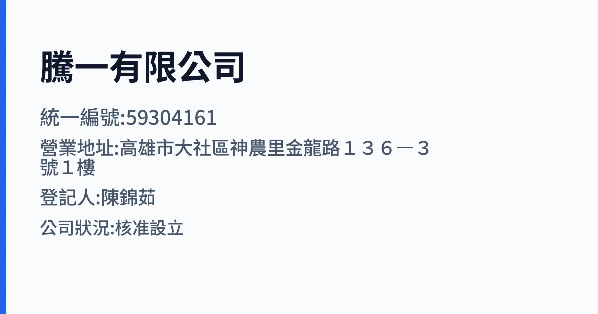 騰一有限公司 - 統編 59304161(高雄市) 公司登記資料與營業項目詳細圖表