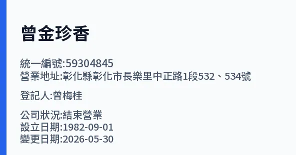 曾金珍香的照片-統編 59304845(彰化縣) 公司登記資料與營業項目詳細圖表