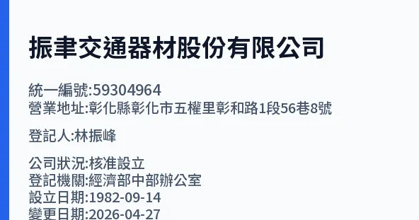 振聿交通器材股份有限公司的照片-統編 59304964(彰化縣) 公司登記資料與營業項目詳細圖表