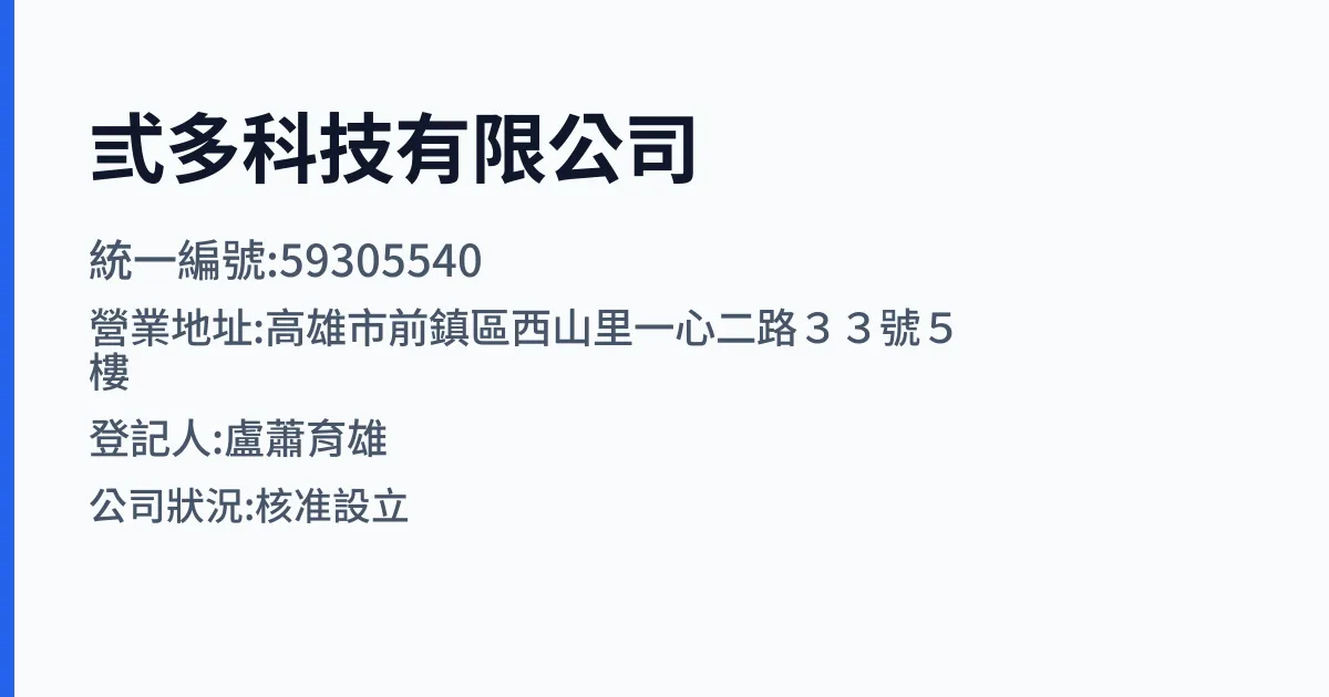弎多科技有限公司 - 統編 59305540(高雄市) 公司登記資料與營業項目詳細圖表