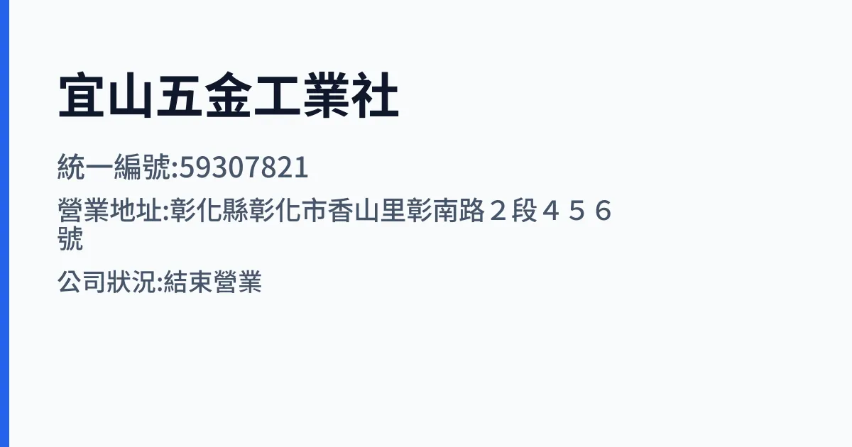 宜山五金工業社 - 統編 59307821(彰化縣) 公司登記資料與營業項目詳細圖表