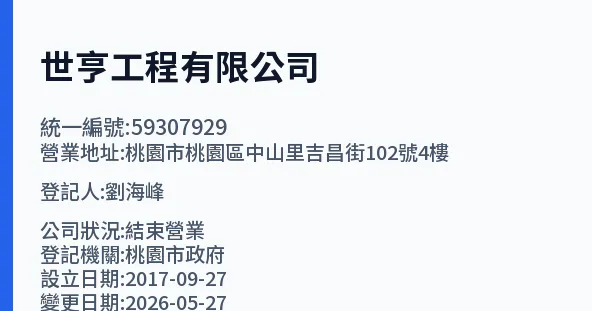 世亨工程有限公司的照片-統編 59307929(桃園市) 公司登記資料與營業項目詳細圖表