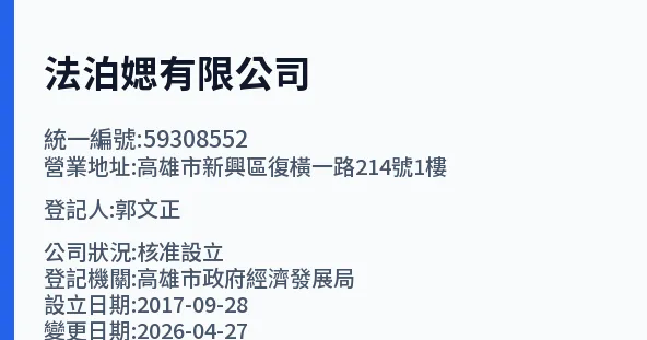 法泊媤有限公司的照片-統編 59308552(高雄市) 公司登記資料與營業項目詳細圖表