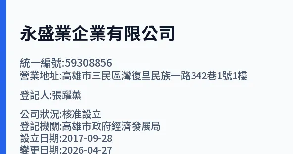 永盛業企業有限公司的照片-統編 59308856(高雄市) 公司登記資料與營業項目詳細圖表