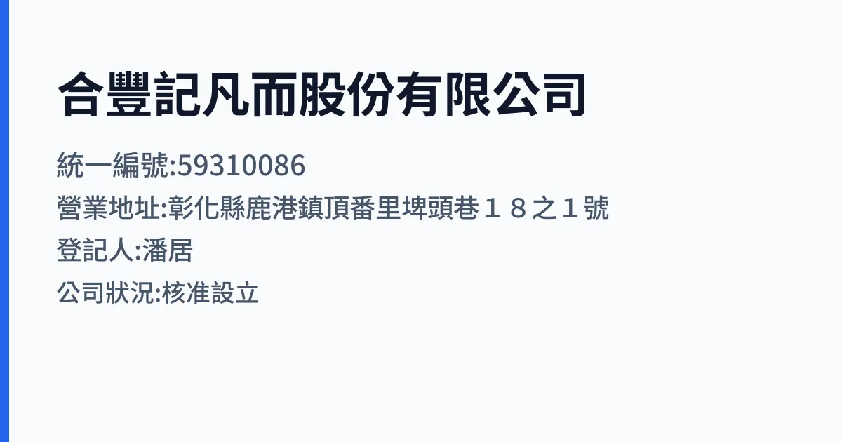 合豐記凡而股份有限公司 - 統編 59310086(彰化縣) 公司登記資料與營業項目詳細圖表