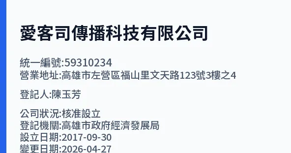 愛客司傳播科技有限公司的照片-統編 59310234(高雄市) 公司登記資料與營業項目詳細圖表