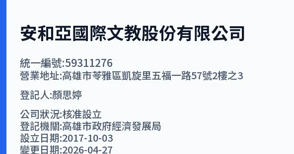 安和亞國際文教股份有限公司的照片-統編 59311276(高雄市) 公司登記資料與營業項目詳細圖表