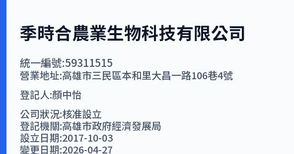 季時合農業生物科技有限公司的照片-統編 59311515(高雄市) 公司登記資料與營業項目詳細圖表