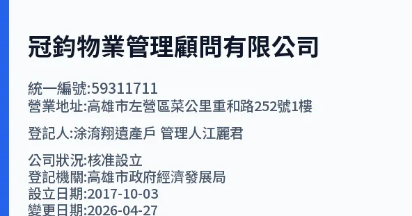 冠鈞物業管理顧問有限公司的照片-統編 59311711(高雄市) 公司登記資料與營業項目詳細圖表
