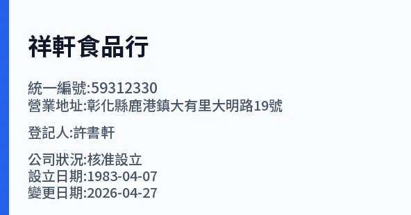 祥軒食品行的照片-統編 59312330(彰化縣) 公司登記資料與營業項目詳細圖表