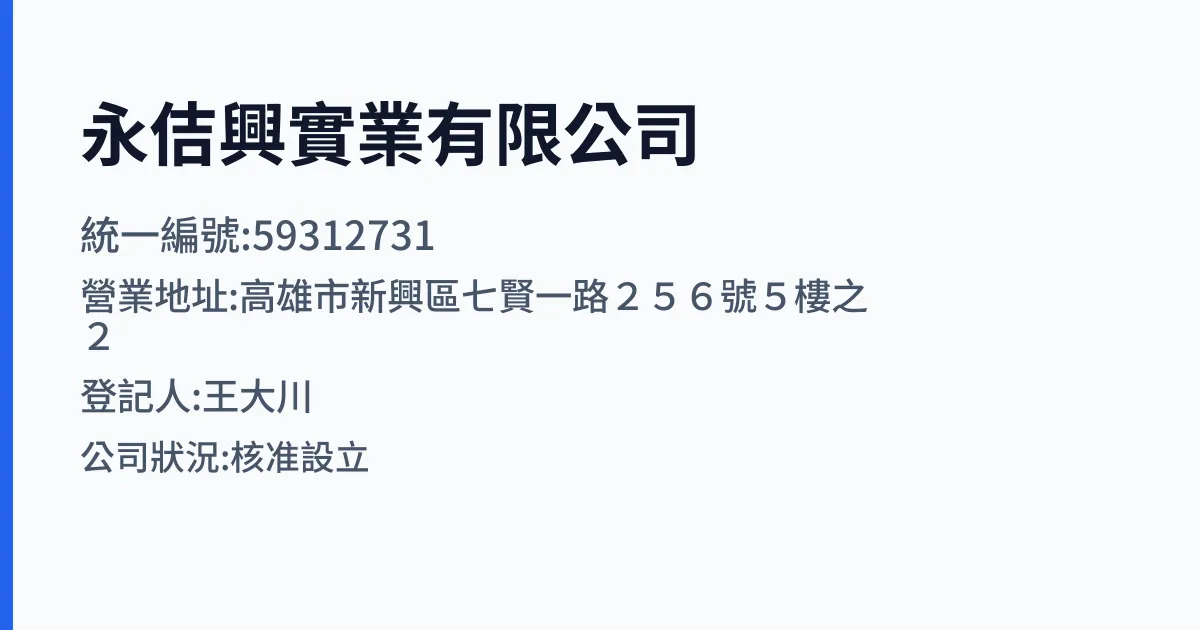 永佶興實業有限公司 - 統編 59312731(高雄市) 公司登記資料與營業項目詳細圖表
