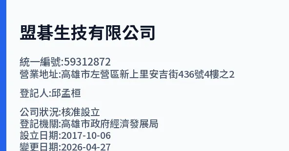 盟碁生技有限公司的照片-統編 59312872(高雄市) 公司登記資料與營業項目詳細圖表