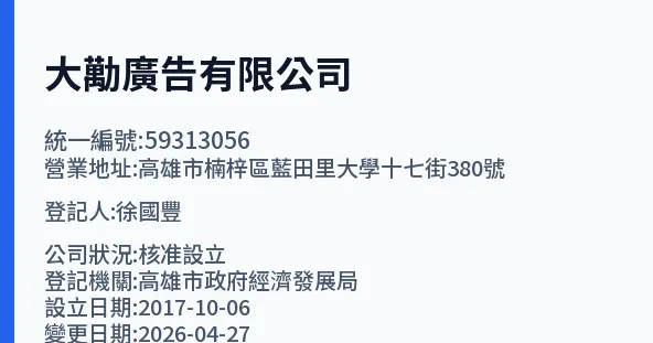 大勱廣告有限公司的照片-統編 59313056(高雄市) 公司登記資料與營業項目詳細圖表