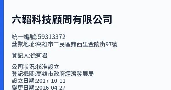 六韜科技顧問有限公司的照片-統編 59313372(高雄市) 公司登記資料與營業項目詳細圖表