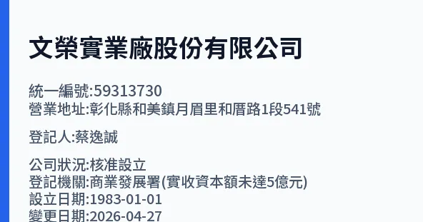 文榮實業廠股份有限公司的照片-統編 59313730(彰化縣) 公司登記資料與營業項目詳細圖表