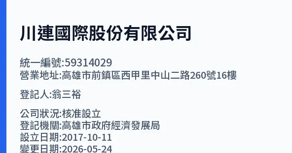 川連國際股份有限公司的照片-統編 59314029(高雄市) 公司登記資料與營業項目詳細圖表