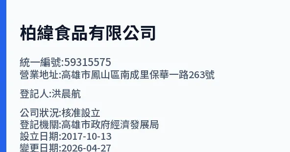 柏緯食品有限公司的照片-統編 59315575(高雄市) 公司登記資料與營業項目詳細圖表