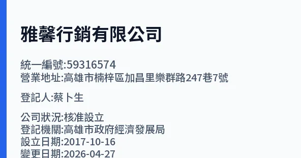 雅馨行銷有限公司的照片-統編 59316574(高雄市) 公司登記資料與營業項目詳細圖表