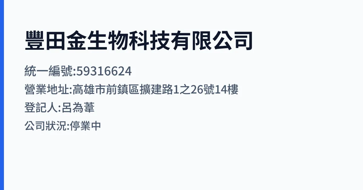 豐田金生物科技有限公司 - 統編 59316624(高雄市) 公司登記資料與營業項目詳細圖表