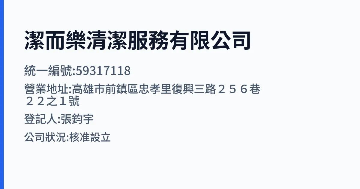 潔而樂清潔服務有限公司 - 統編 59317118(高雄市) 公司登記資料與營業項目詳細圖表