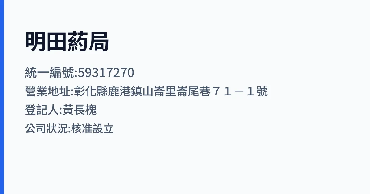 明田葯局 - 統編 59317270(彰化縣) 公司登記資料與營業項目詳細圖表