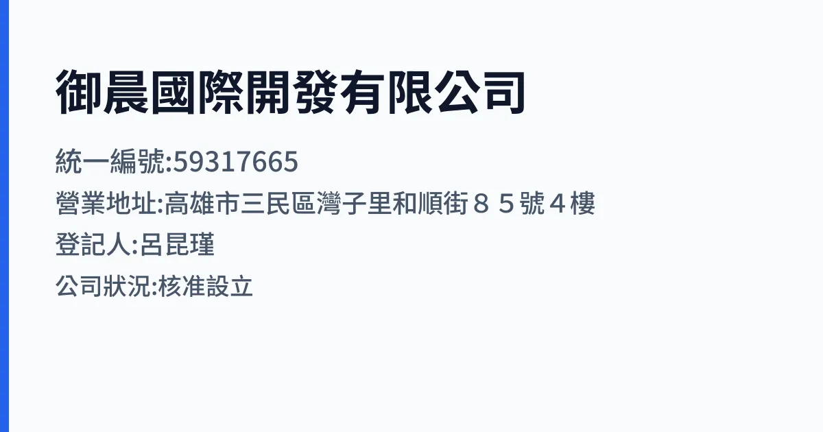 御晨國際開發有限公司 - 統編 59317665(高雄市) 公司登記資料與營業項目詳細圖表