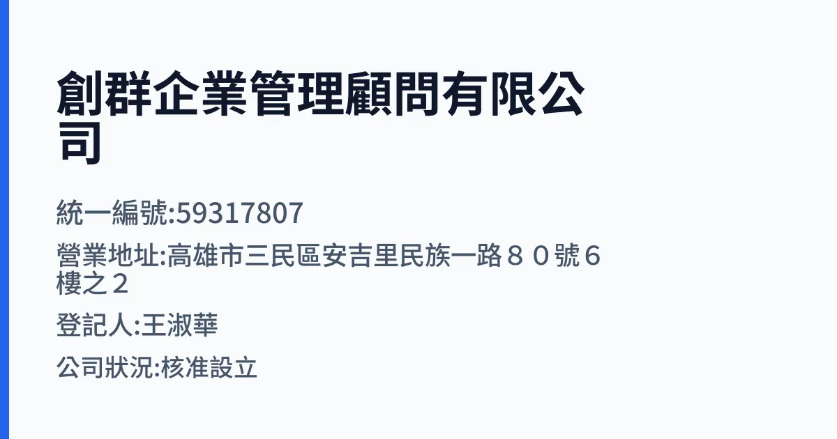 創群企業管理顧問有限公司 - 統編 59317807(高雄市) 公司登記資料與營業項目詳細圖表