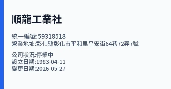 順龍工業社的照片-統編 59318518(彰化縣) 公司登記資料與營業項目詳細圖表