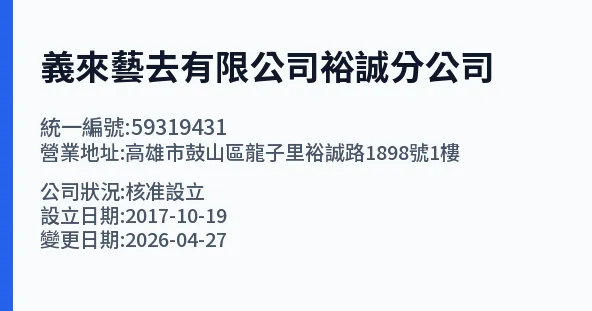 義來藝去有限公司裕誠分公司的照片-統編 59319431(高雄市) 公司登記資料與營業項目詳細圖表